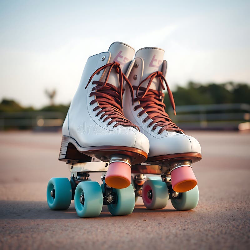 A Pair of Roller Skates with Pastel Wheels Sitting on a Skate Park ...