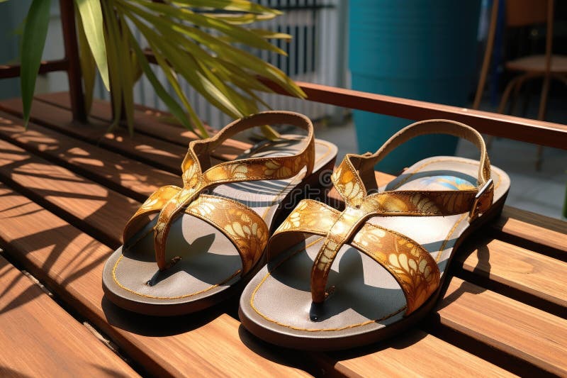 A Pair of Sandals Left on a Sunlit Outdoor Deck with Tan Lines Around ...