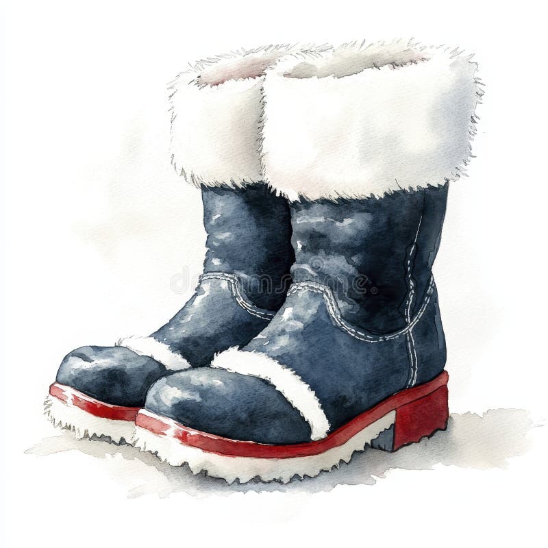 Pair of Santa S Black Boots with Fur Trim on White Background Stock ...