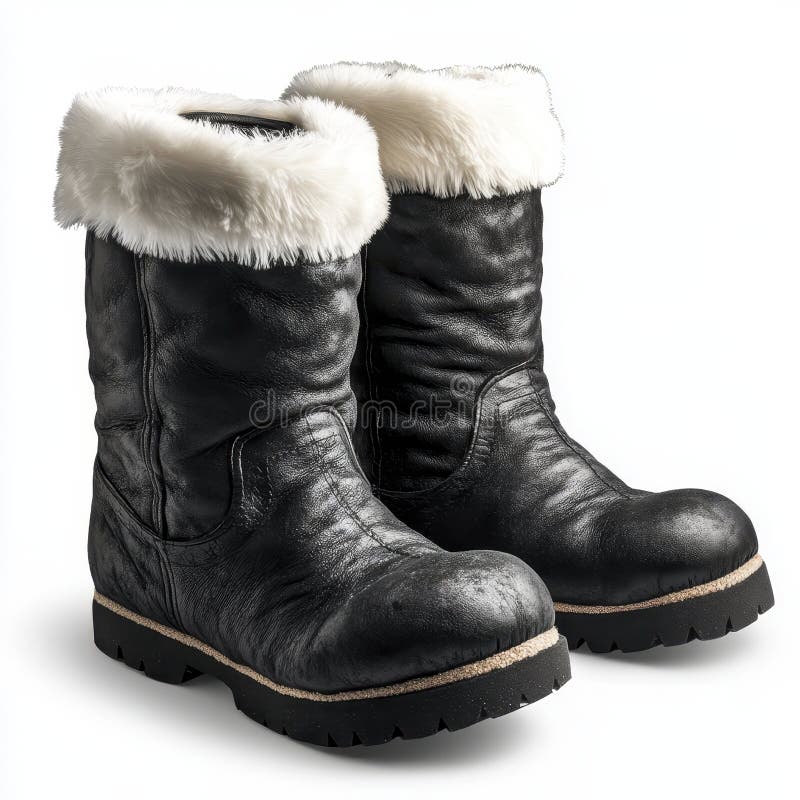 Pair of Santa S Black Boots with Fur Trim on White Background Stock ...