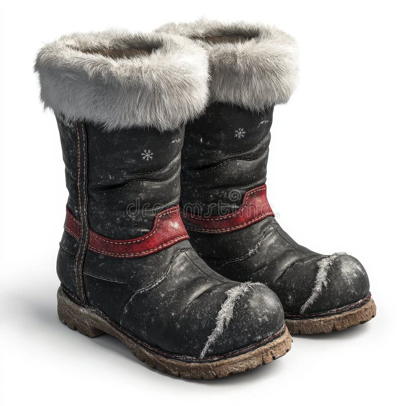 Pair of Santa S Black Boots with Fur Trim on White Background Stock ...