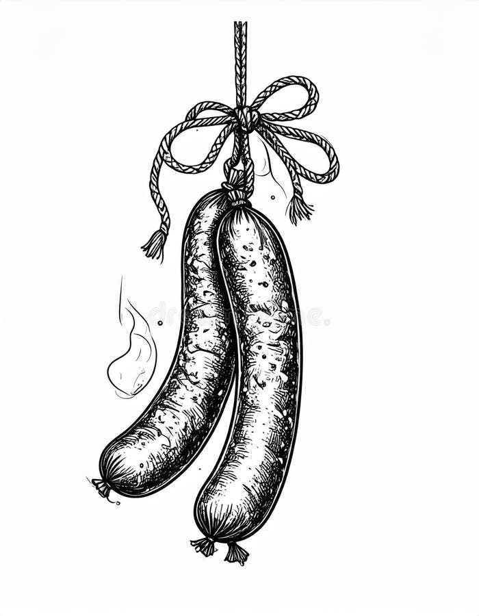 Pair of Sausages Hanging with Rope, Black and White Illustration Stock ...