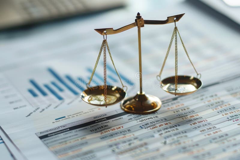 A Pair of Scales Placed on Top of a Wooden Table, a Balance Sheet ...