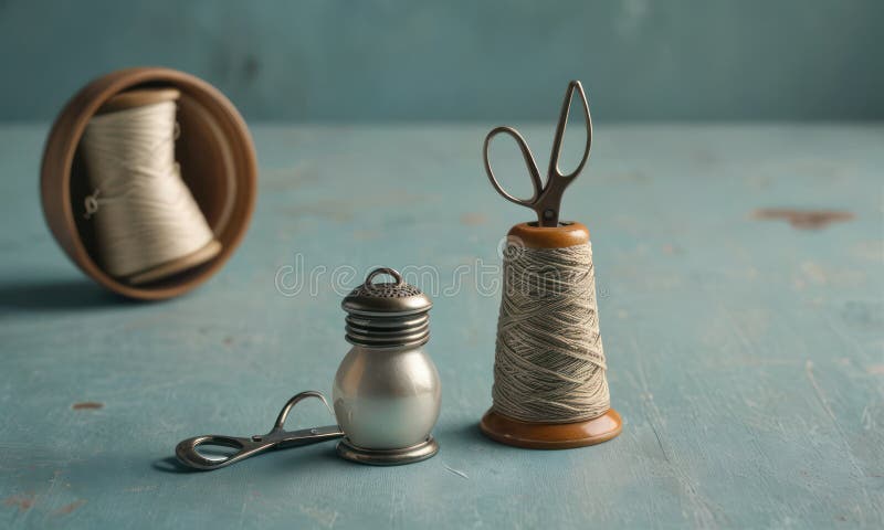 A Pair of Scissors and a Spool of Thread are Sitting on a Table. Stock ...