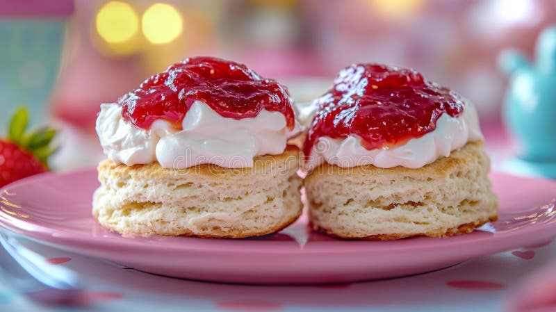 Pair of Scones with Cream and Strawberry Jam Topping Stock Photo ...
