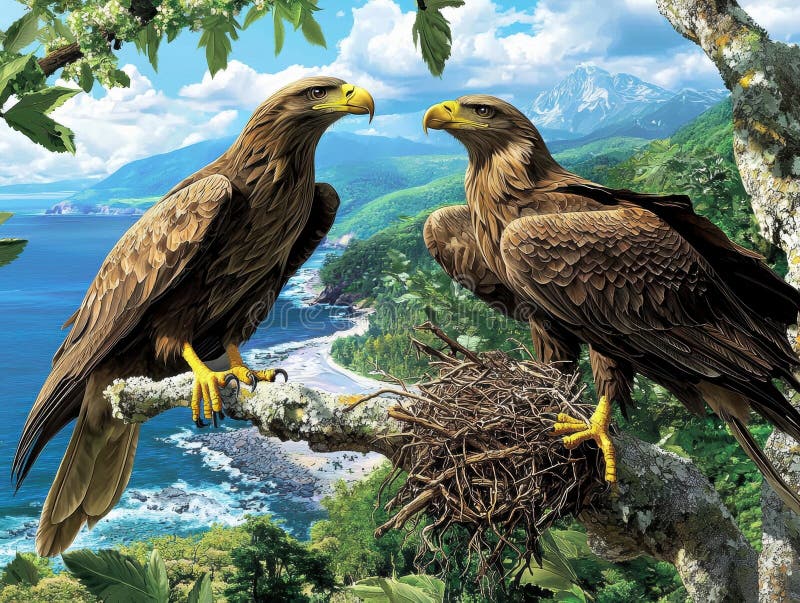 Pair of Sea Eagles Nesting on a Tall Tree Branch Stock Image - Image of ...