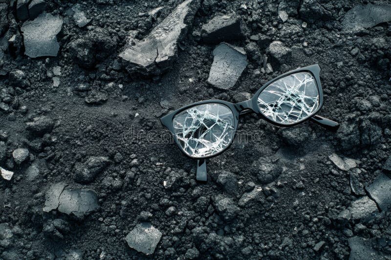 A Pair of Shattered Glasses Rests on a Dark, Ash-covered Surface in a ...