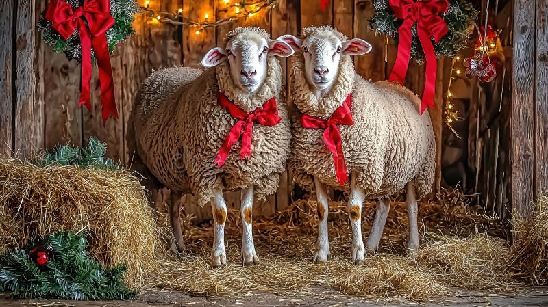 Pair of Sheep in Cozy Rustic Barn Decorated for the Stock Photo - Image ...