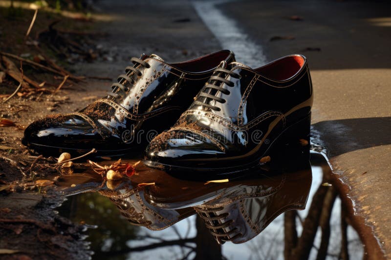 A Pair of Shiny Shoes Next To a Puddle, Creating a Reflection Stock ...