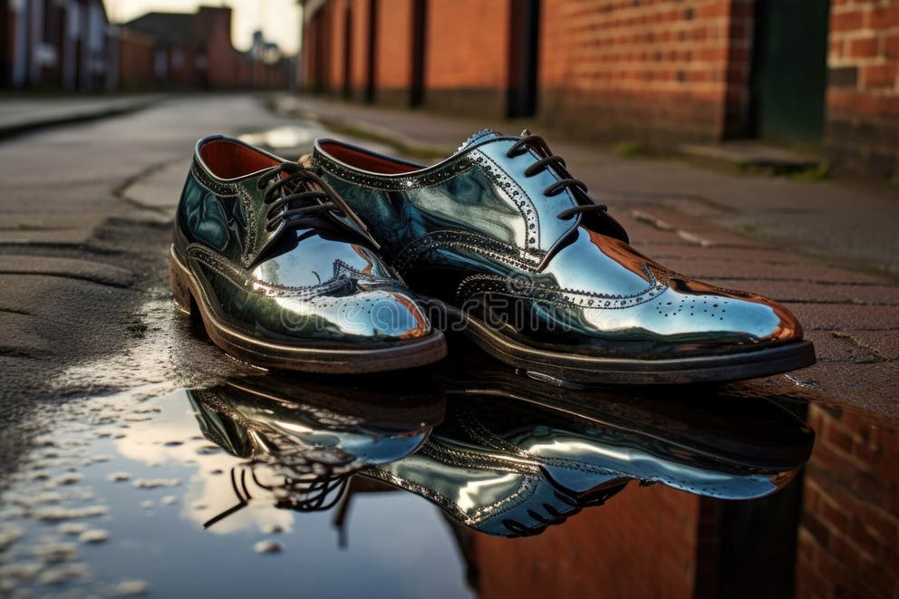 A Pair of Shiny Shoes Next To a Puddle, Creating a Reflection Stock ...