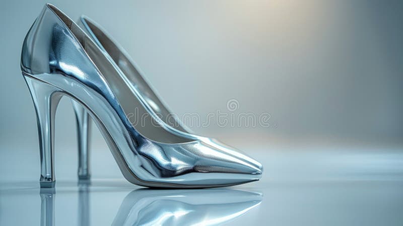 Pair of Silver High Heels on a Reflective Surface Stock Photo - Image ...