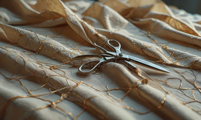 Pair Silver Scissors Rests on Beige Fabric with Gold Embroidery ...