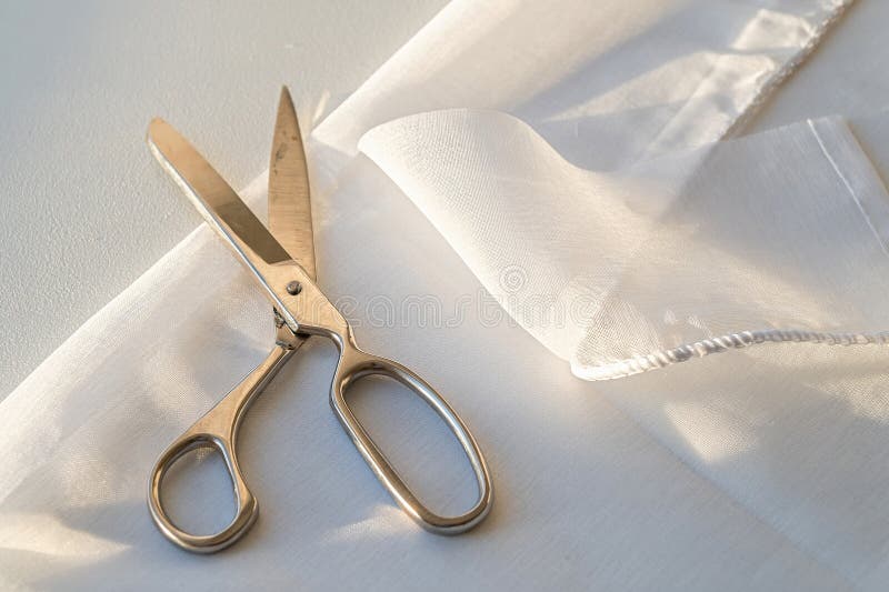 Pair of Silver Scissors on White Fabric. Closeup. Stock Photo - Image ...