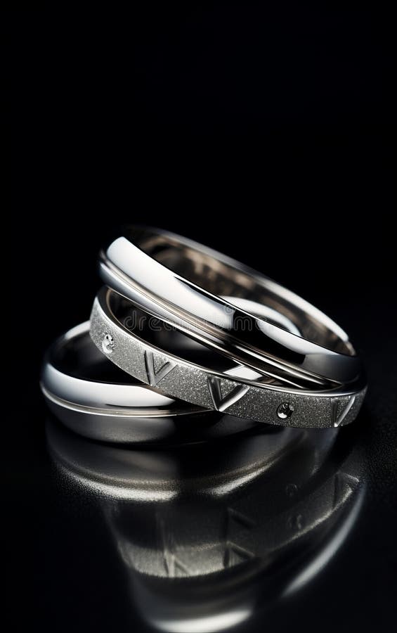 Pair of Silver Wedding Bands on a Reflective Dark Surface Stock Photo ...