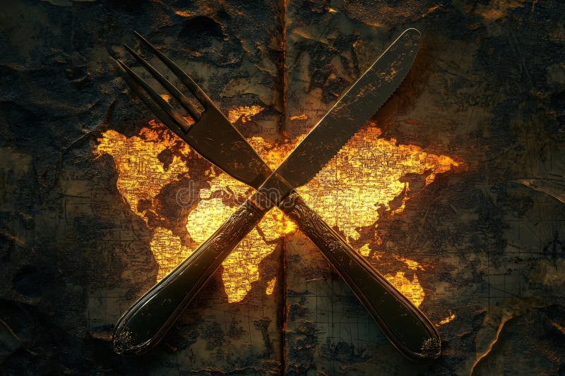 A Pair of Silverware is Placed on a Map of the World Stock Illustration ...