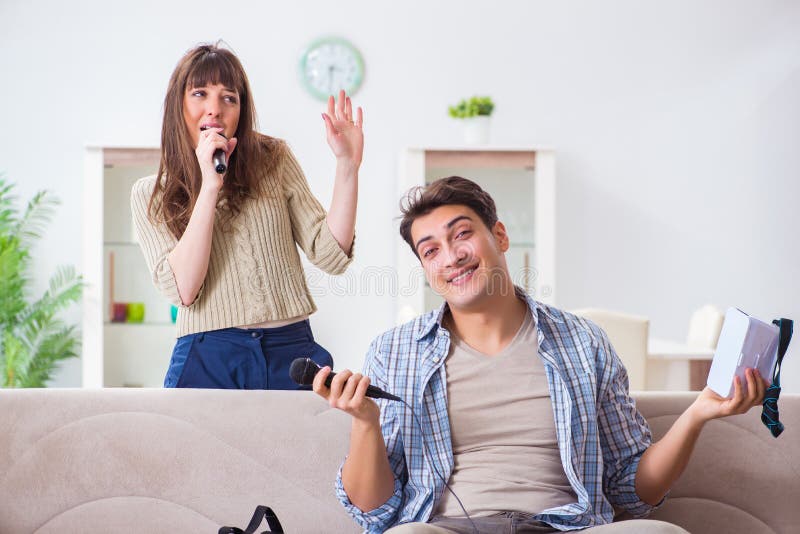 The Pair Singing Karaoke with Virtual Reality Glasses Stock Image ...