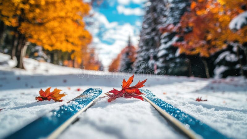 A Pair of Skis and a Fallen Leaf on the Snow, AI Stock Image - Image of ...