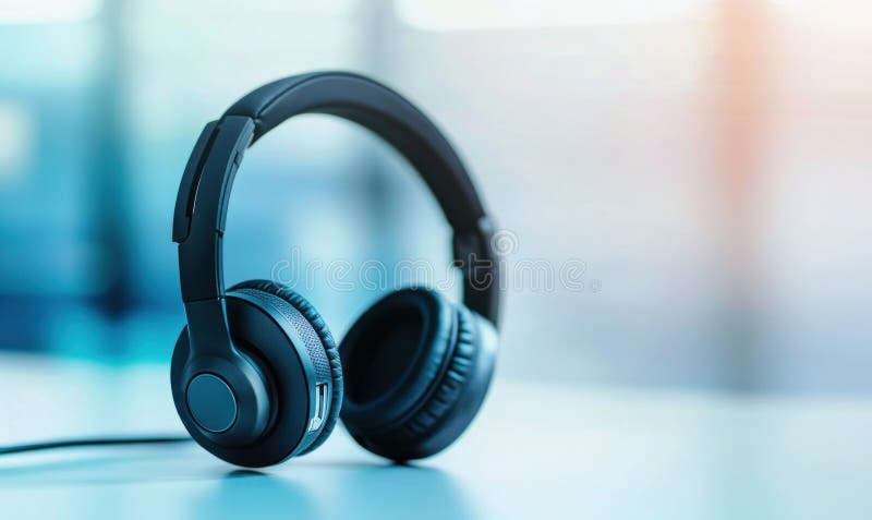 A Pair of Sleek Black Headphones Sit on a Reflective Surface, Bathed in ...
