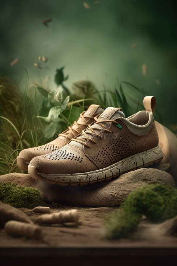 Pair of Sneakers Displayed in a Green Forest Setting. AI-generated ...
