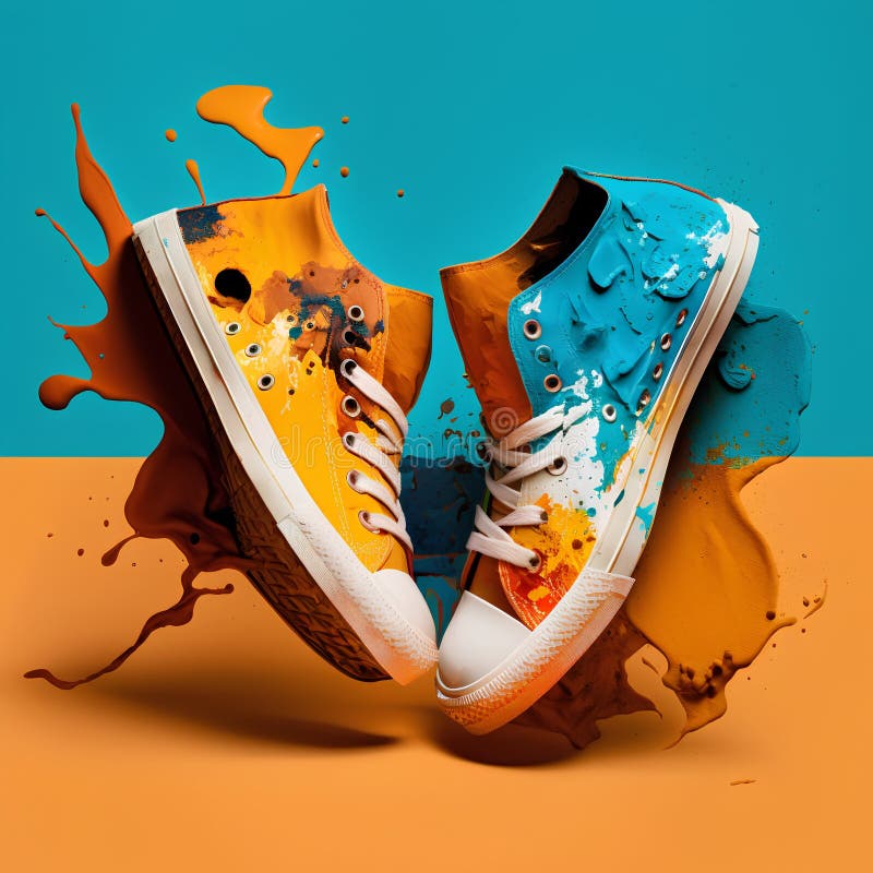 Pair of Sneakers in Paint Splashes on Orange and Blue Background Stock ...