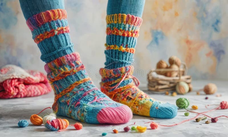 A Pair of Socks with a Rainbow of Colors are on Display on a Table ...