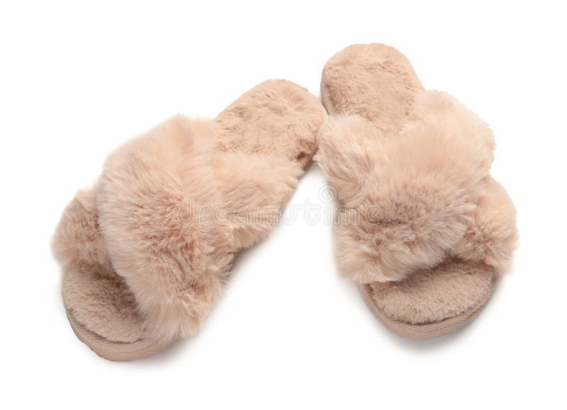 Pair of Soft Fluffy Slippers on White Background Stock Photo - Image of ...