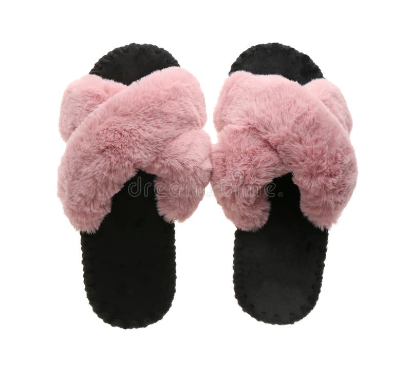 Pair of Soft Open Toe Slippers with Pink Fur on White Background Stock ...