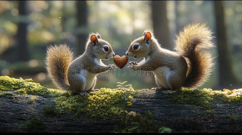 A Pair of Squirrels Sharing a Heart-shaped Nut on a Mossy Log Stock ...