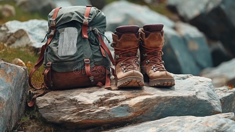 Hiking Boots and Backpack on a Rock Stock Illustration - Illustration ...