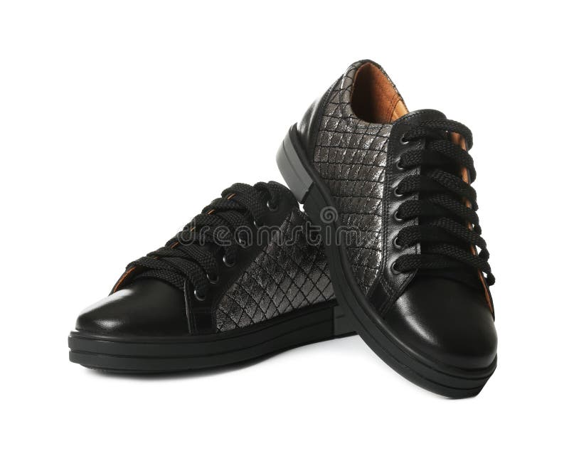 Pair of Stylish Modern Shoes on White Stock Image - Image of laces ...