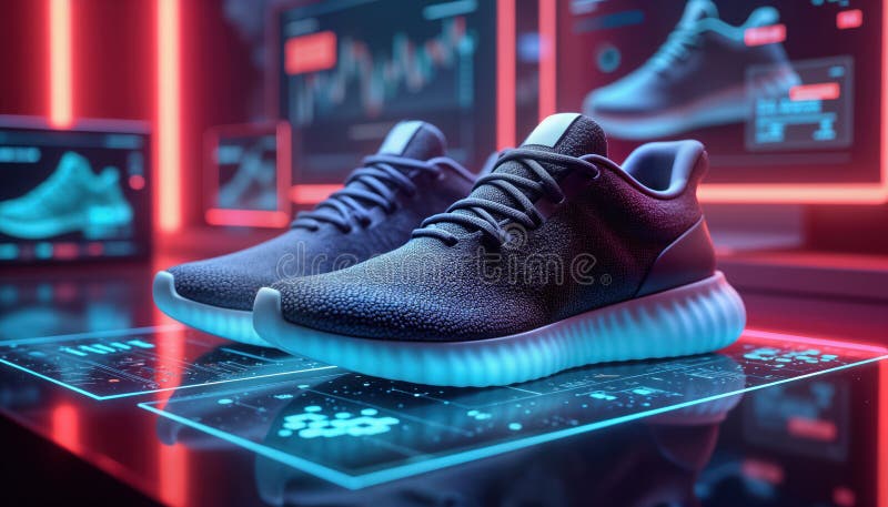 Pair of Stylish Sneakers Displayed on Digital Tech Surface with Glowing ...