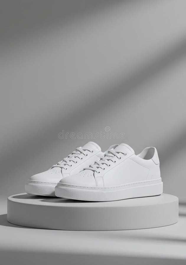 Pair of Stylish White Sneakers on Display in Minimalist Studio Setting ...