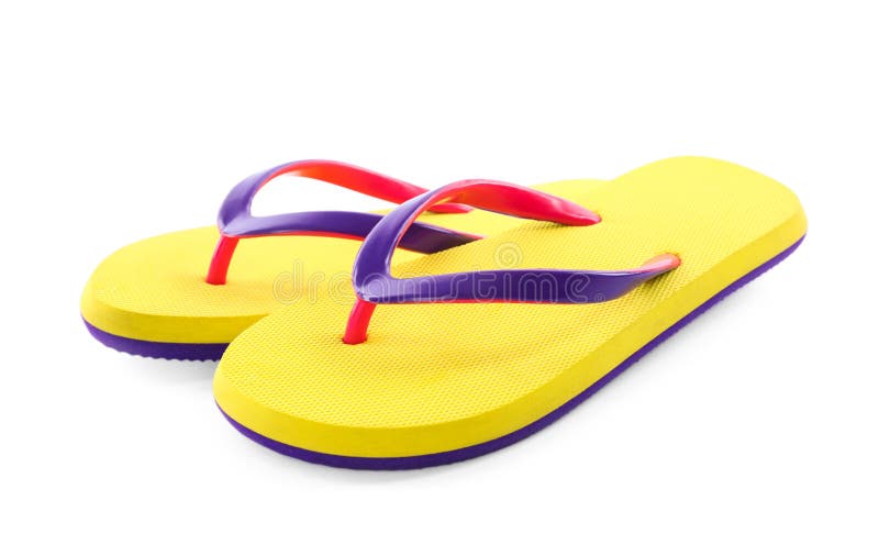Pair of Stylish Yellow Flip Flops Isolated on White. Beach Object Stock ...
