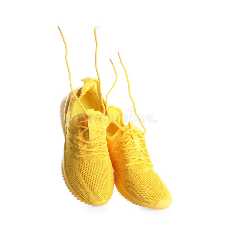 Pair of Stylish Yellow Sneakers Isolated on White Stock Photo - Image ...
