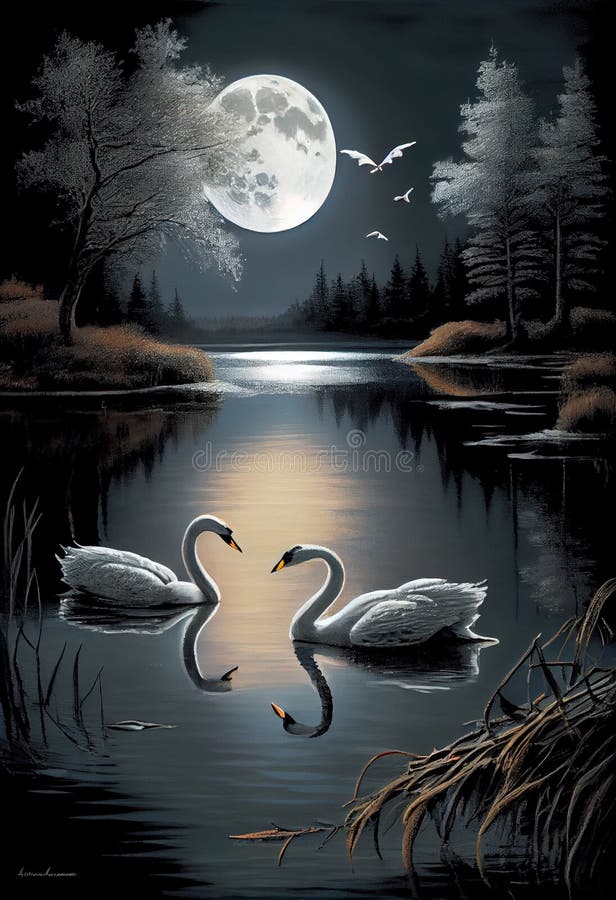 Pair Swans Illumination Moon Stock Illustrations – 4 Pair Swans ...