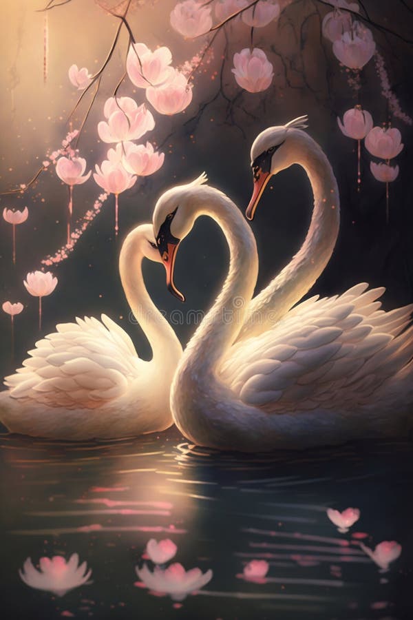 A Pair of Swans Lovers on a Lake. Generative Ai Stock Illustration ...