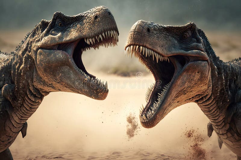 Pair of T-rexes Fighting for Territory, Their Jaws and Teeth Snapping ...