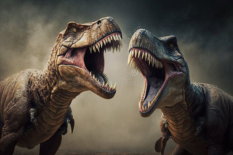 Pair of T-rexes Fighting for Territory, Their Jaws and Teeth Snapping ... Pair of T-rexes Fighting for Territory, Their Jaws and Teeth Snapping ...