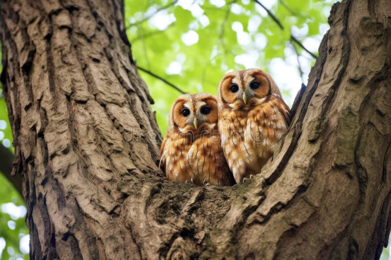 Pair of Tawny Owls on an Oak Tree Stock Image - Image of generated ...