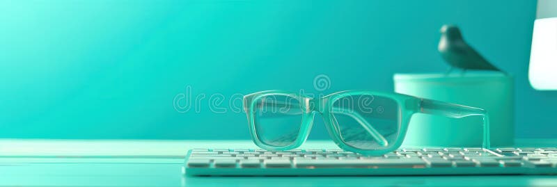 A Pair of Teal-colored Glasses Rests on a White Computer Keyboard with ...