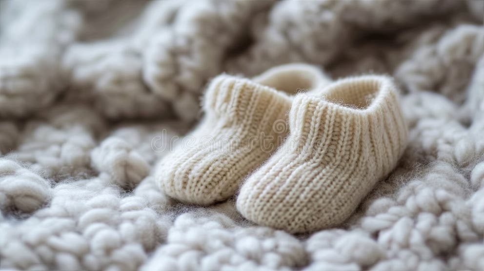 A Pair of Tiny Baby Booties Resting on a Soft Knitted Blanket Stock ...