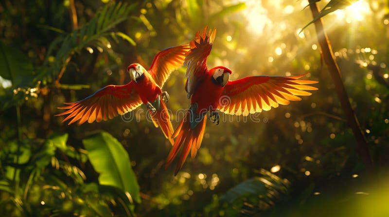 A Pair of Tropical Parrots in Flight Against a Backdrop of Dense Jungle ...