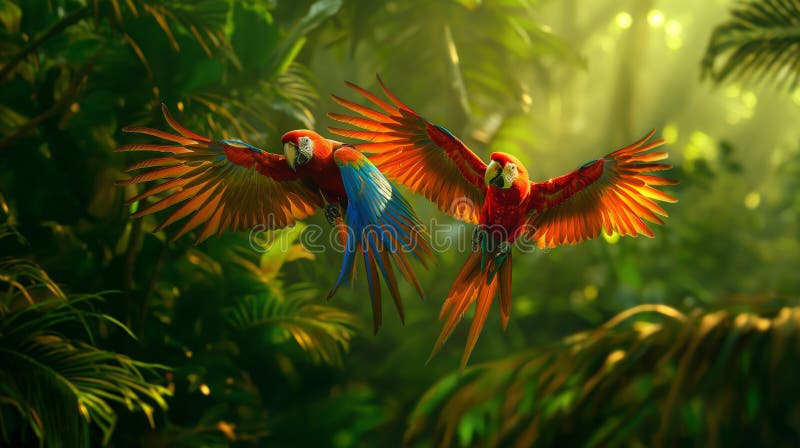 A Pair of Tropical Parrots in Flight Against a Backdrop of Dense Jungle ...