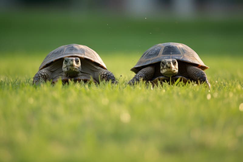 A Pair of Turtles Heading Towards a Finish Line in a Grass Field Stock ...