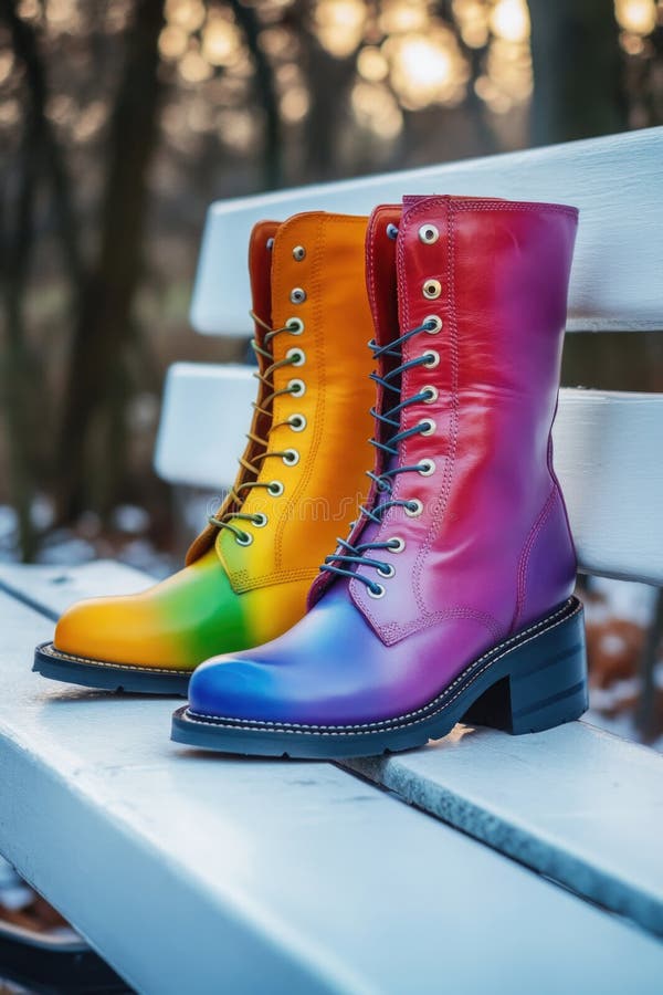 Rainbow Boots on Bench stock photo. Image of outdoor - 380054556