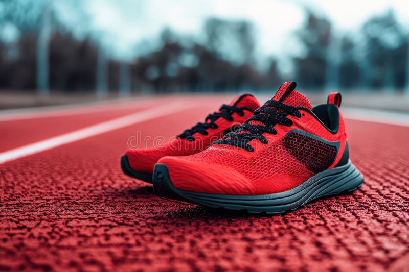 A Pair of Vibrant Red Running Shoes Placed on a Textured Athletic Track ...