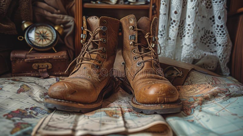 A Pair of Vintage Leather Boots on a Map Stock Image - Image of ...