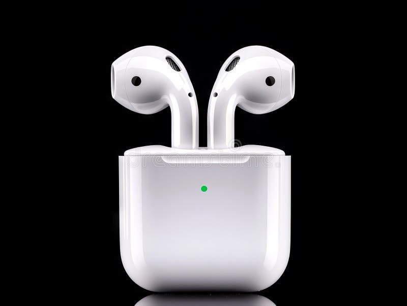 A Pair of White Airpods Sitting on Top of a Black Surface Stock ...