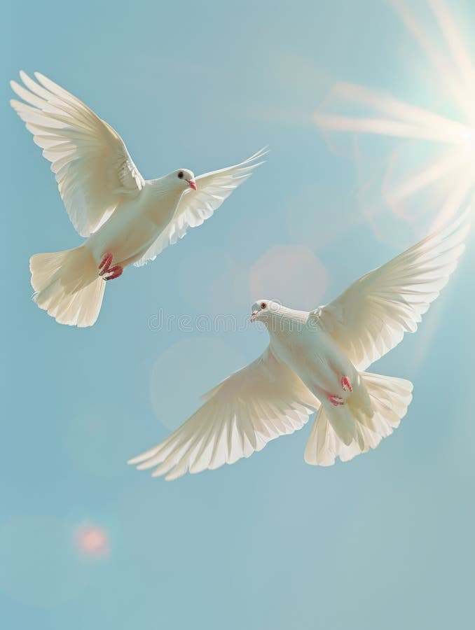 A Pair of White Birds Soar through the Clear Blue Sky, with the Warm ...