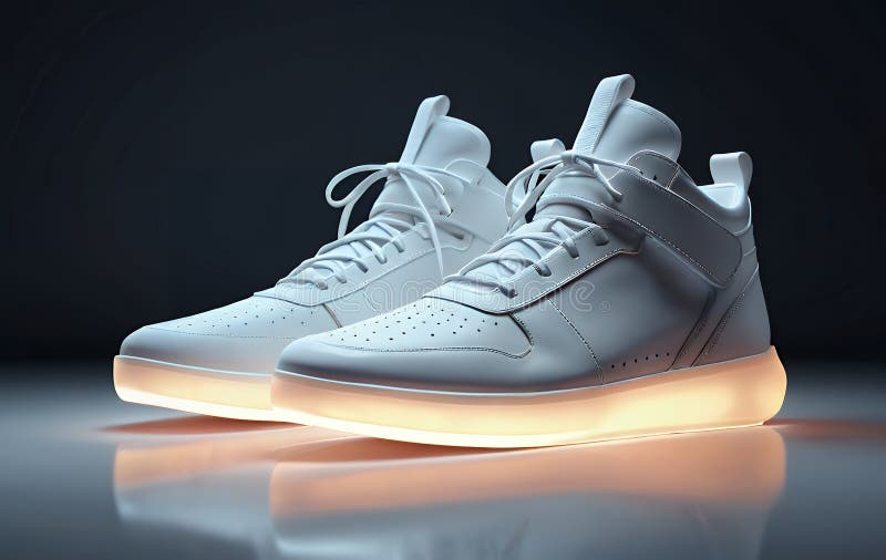 Pair of White High-top Sneakers with Illuminated Soles, Displayed on a ...